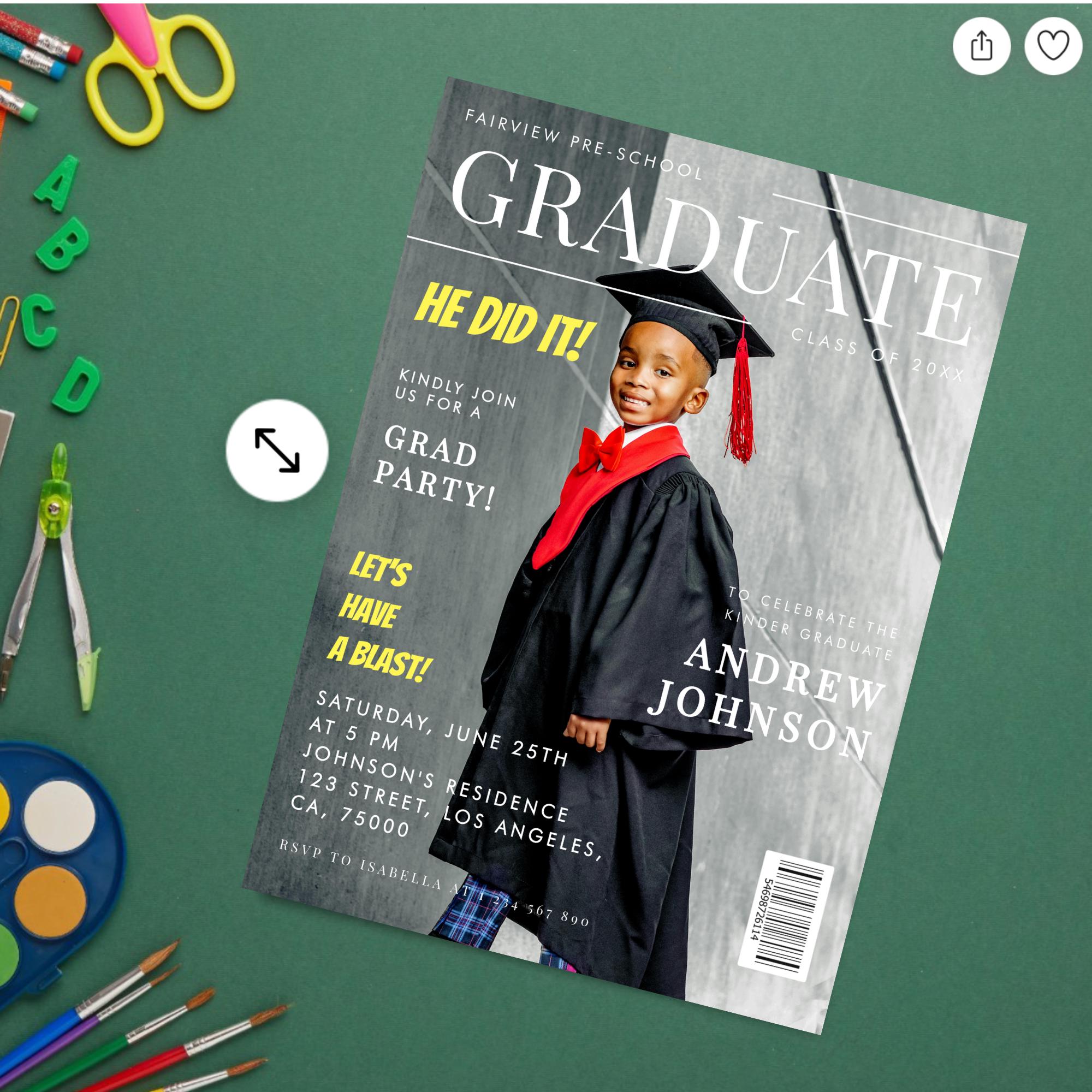 Kindergarten Graduation Magazine Cover Invitation: Custom Photo ...