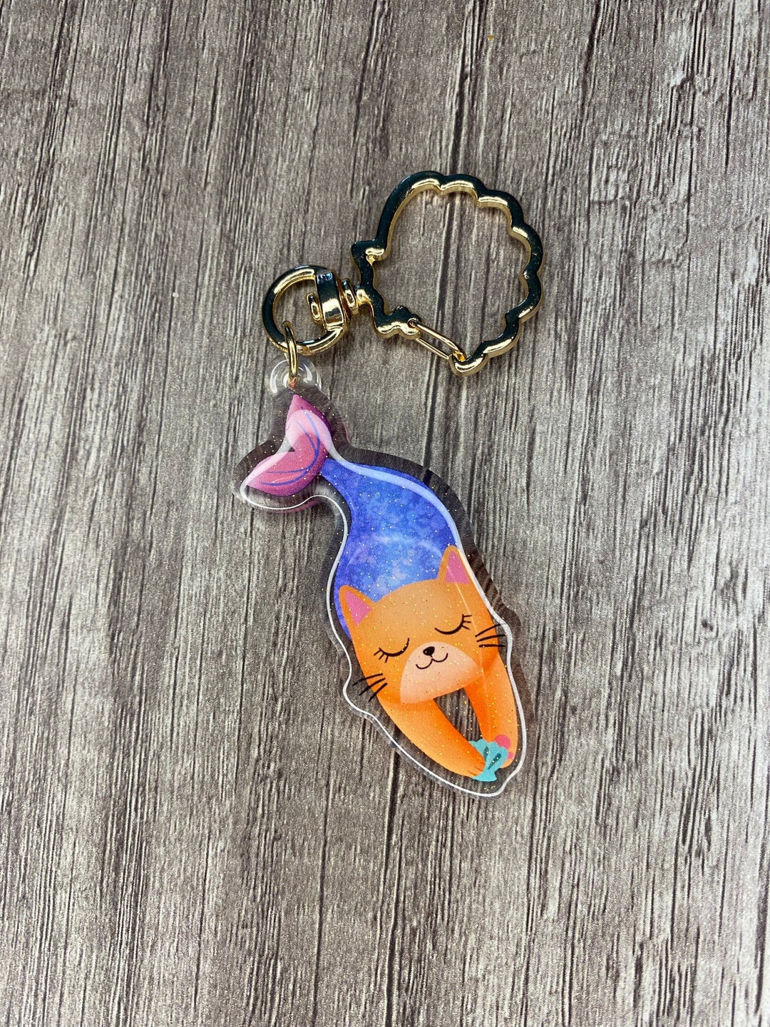 Mermaid Cat Keychain Charm With Shell Clip Cute Cat Kawaii Keychain ...