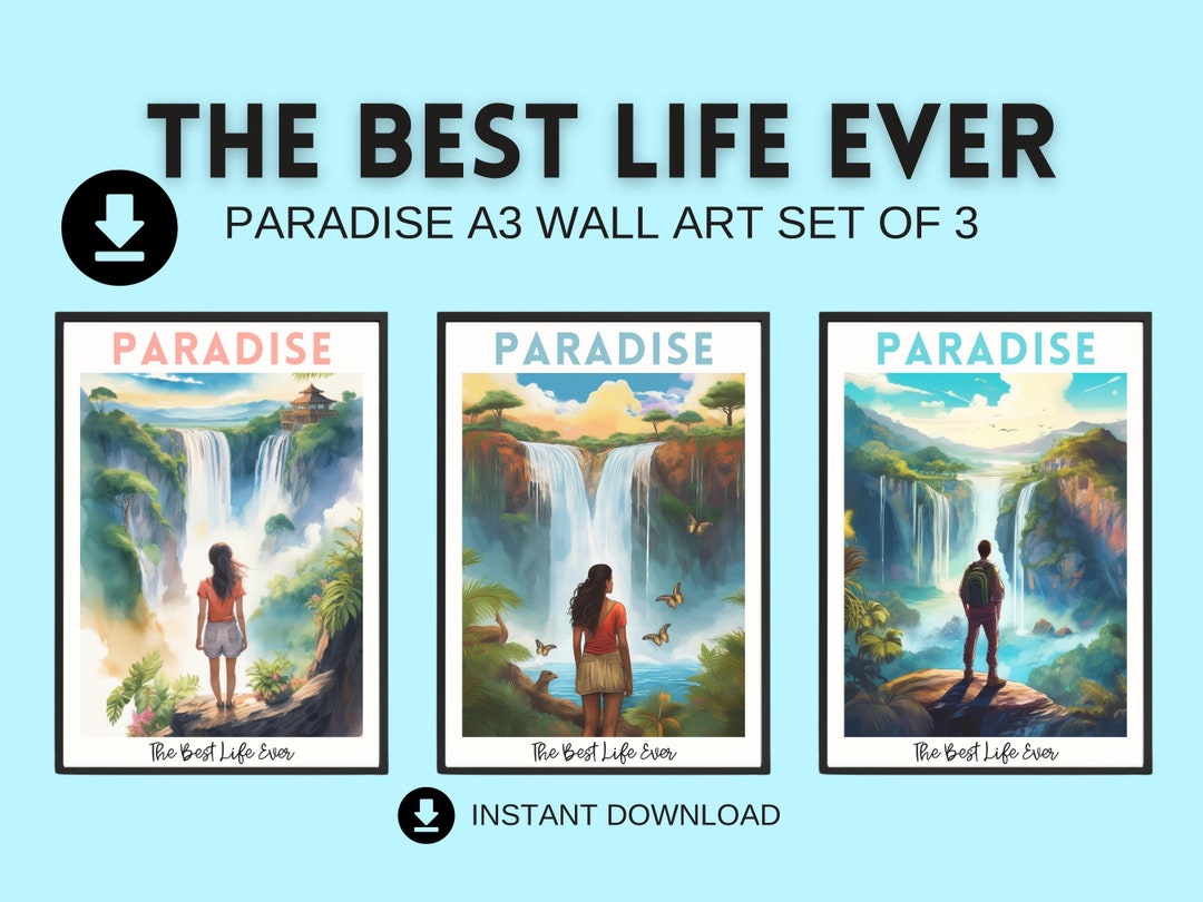 JW Paradise Waterfall Wall Art Set, the Best Life Ever, Watercolour ...