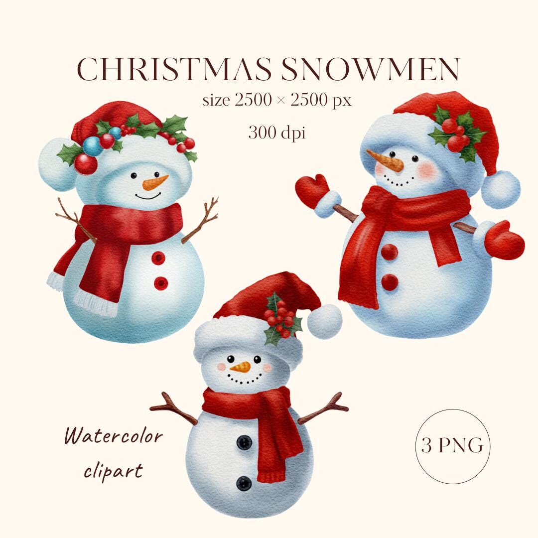 Watercolor Clipart Christmas Snowmen Transparent Background PNG Digital ...