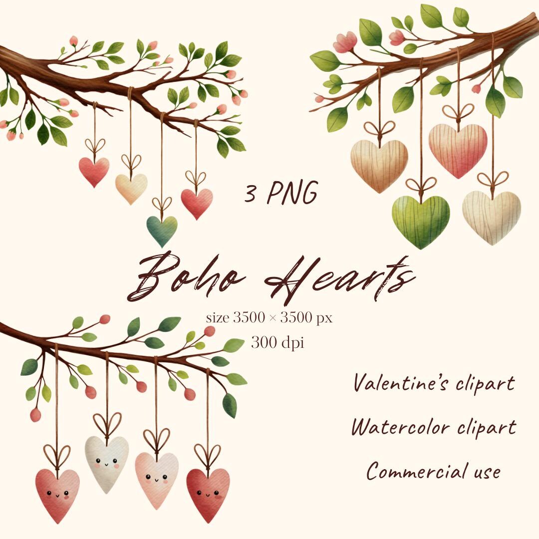 Watercolor Boho Hearts Clipart, Spring Romantic, Wedding Invitation ...