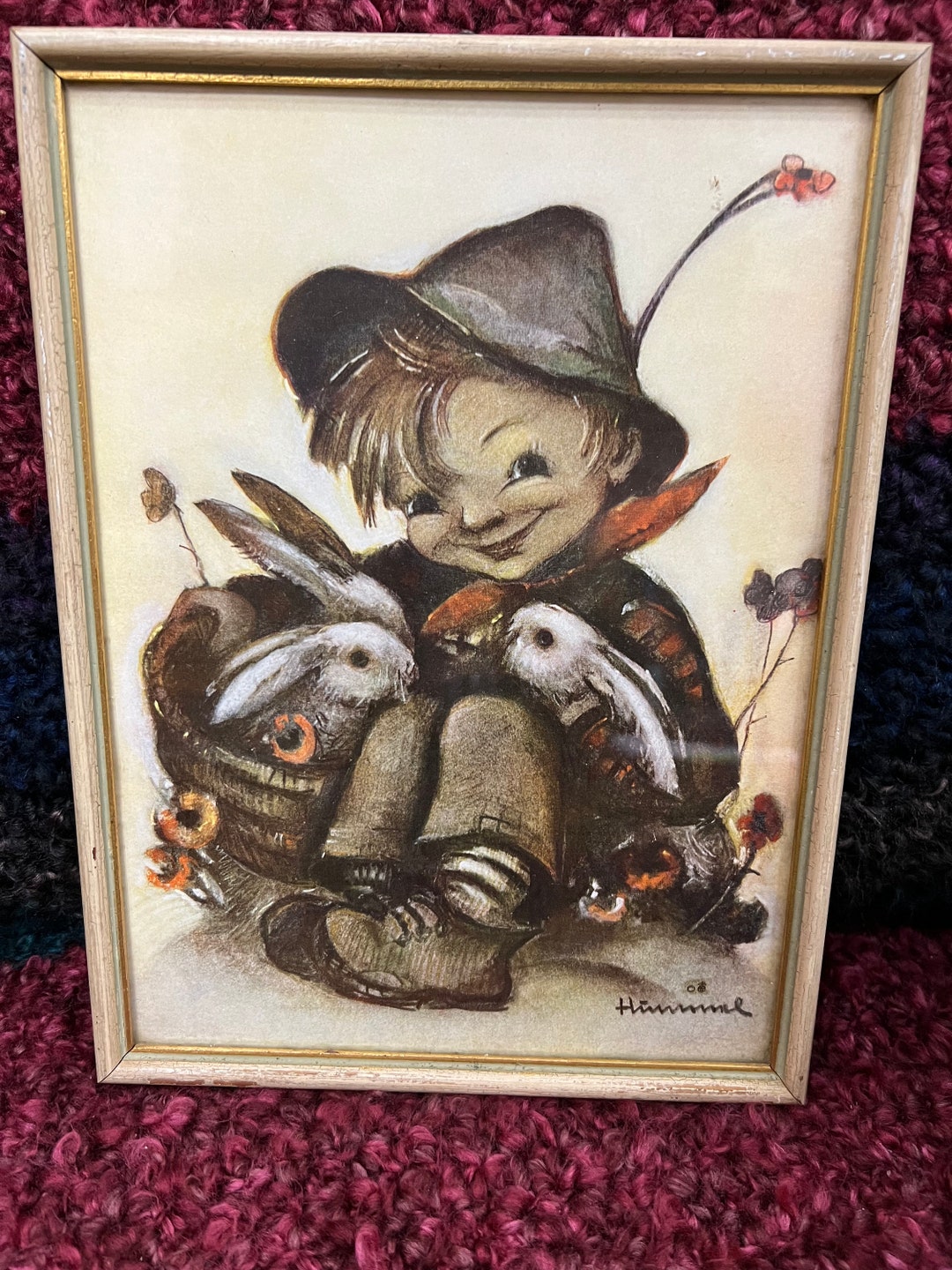 Picture Framed Vintage Hummel, Biege Wood Boy With Rabbits, Sustainable ...