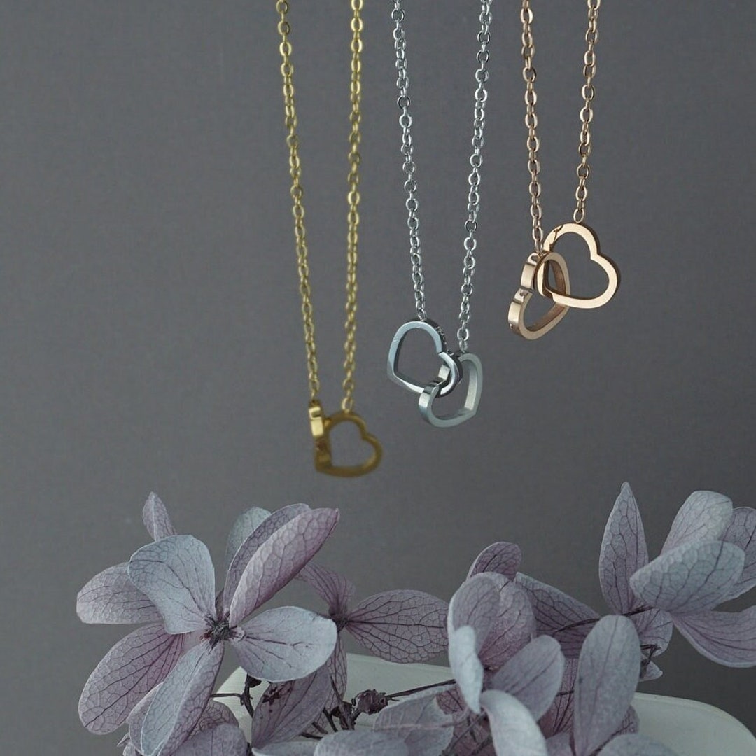 Double Intertwined Heart Pendant Necklace in Stainless Steel, Golden or ...