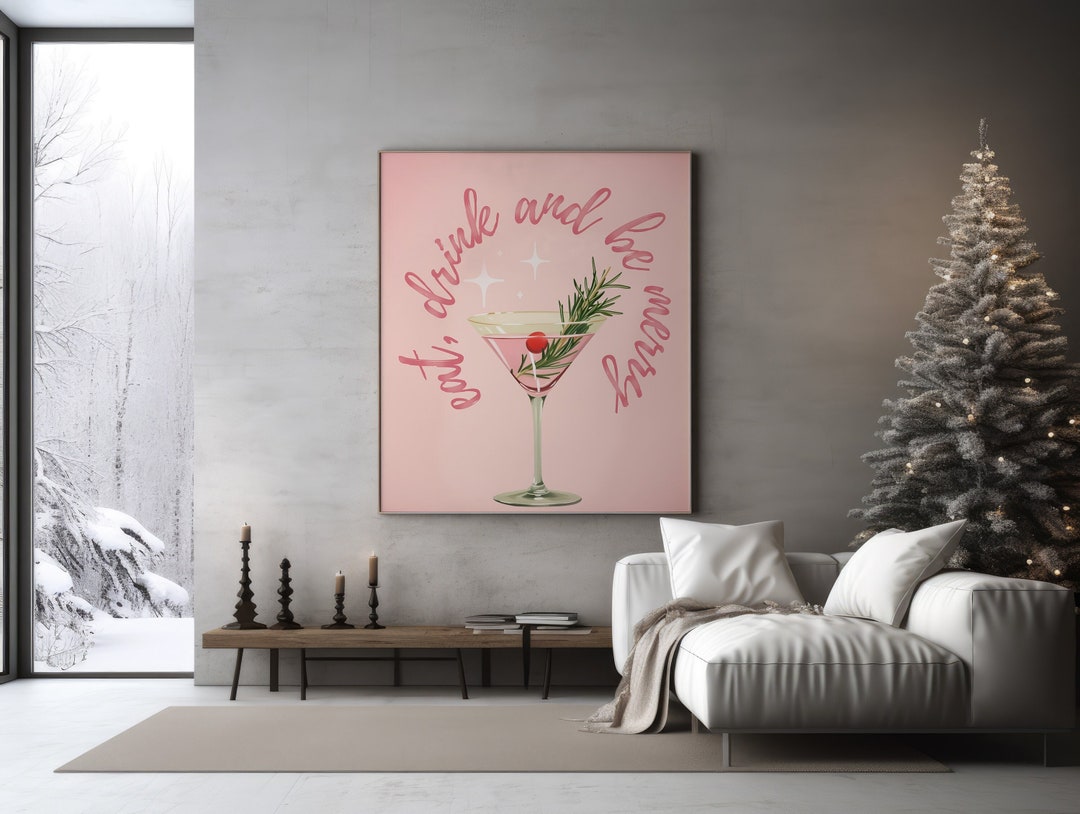Christmas Bar Cart Print, Eat Drink and Be Merry, Cheers Print, Pink ...
