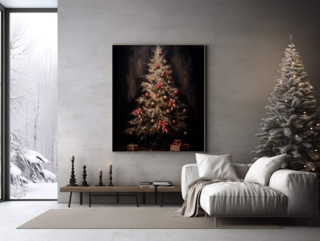 Printable Vintage Christmas Tree Oil Painting, Moody Christmas Tree ...