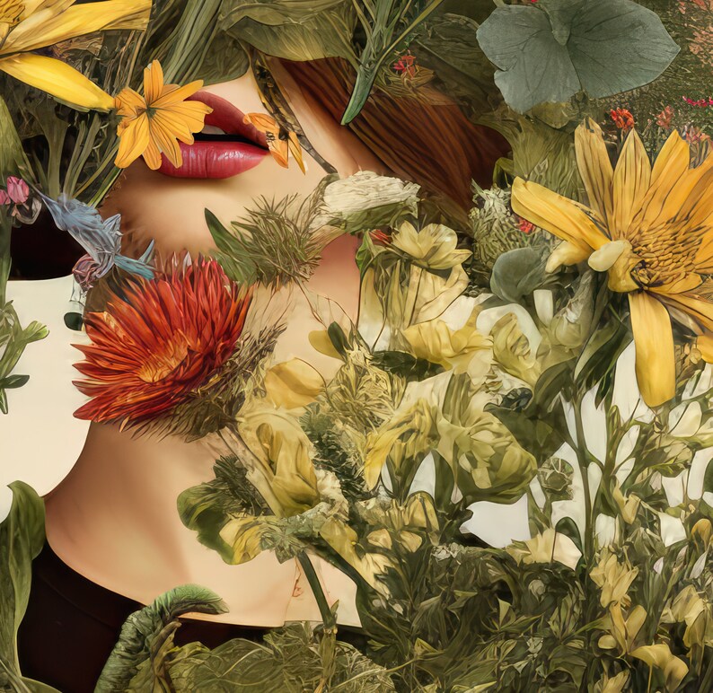 Flowers Head Woman Wall Art, Wildflowers Growth Art Print, Vintage ...