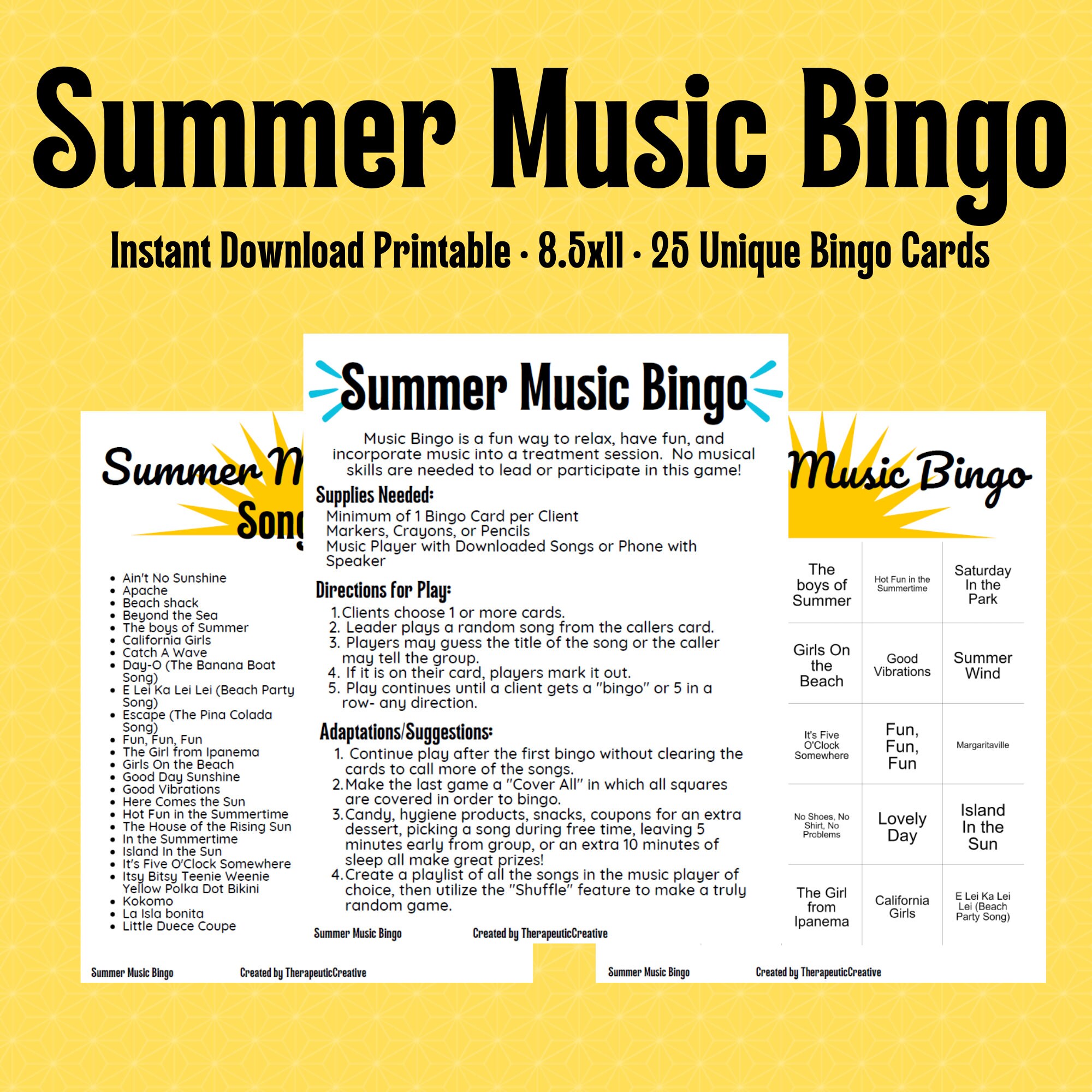 Summer Music Bingo Game Family Reunion Fun Classroom Printable ...