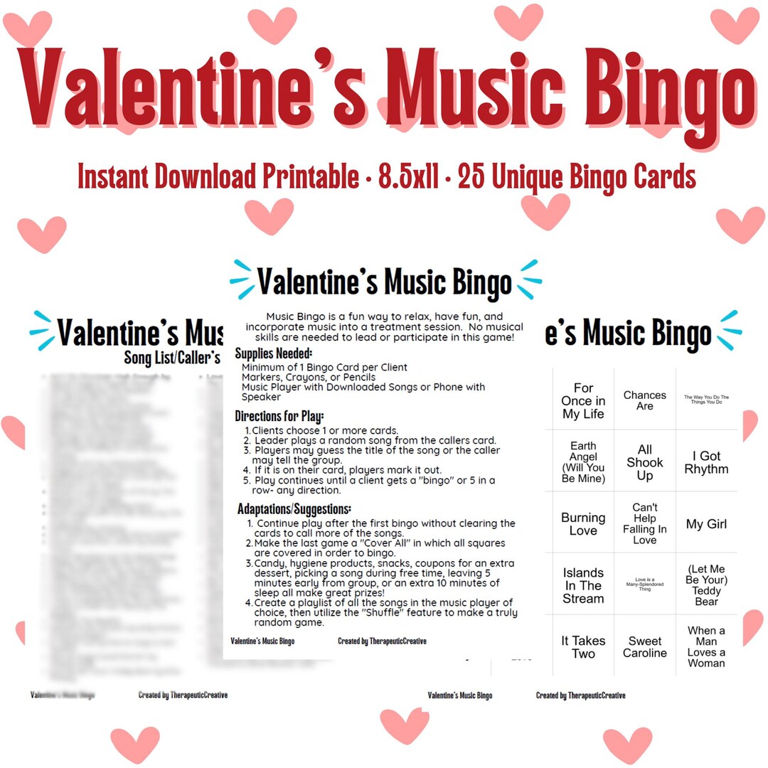 Valentines Day Music Bingo Game Love Songs Group Activity Family ...