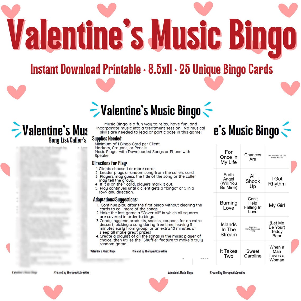 Valentines Day Music Bingo Game Love Songs Group Activity Family ...