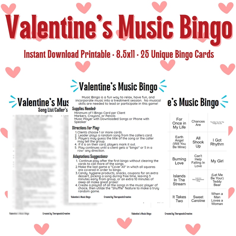 Valentines Day Music Bingo Game Love Songs Group Activity Family ...