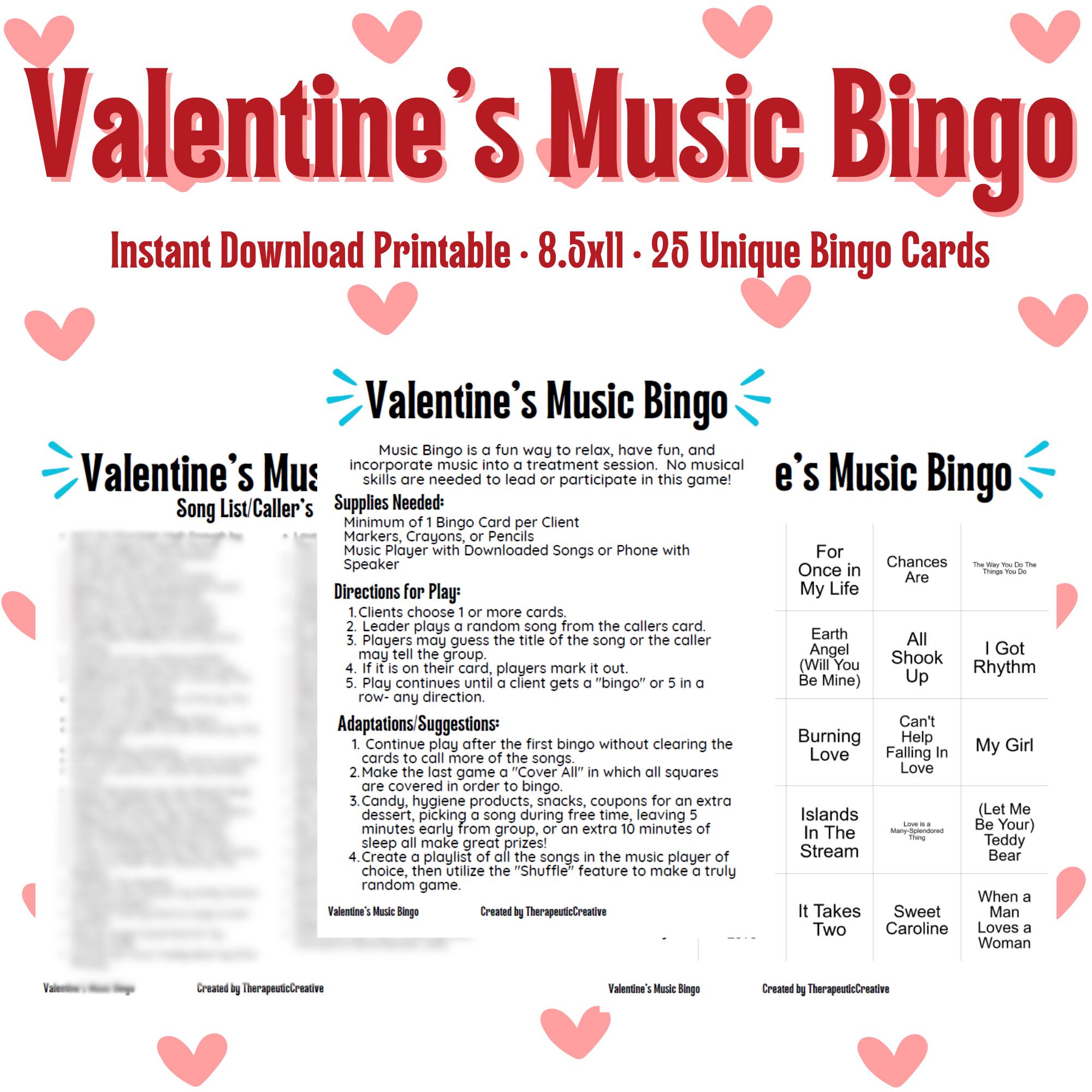 Valentines Day Music Bingo Game Love Songs Group Activity Family ...