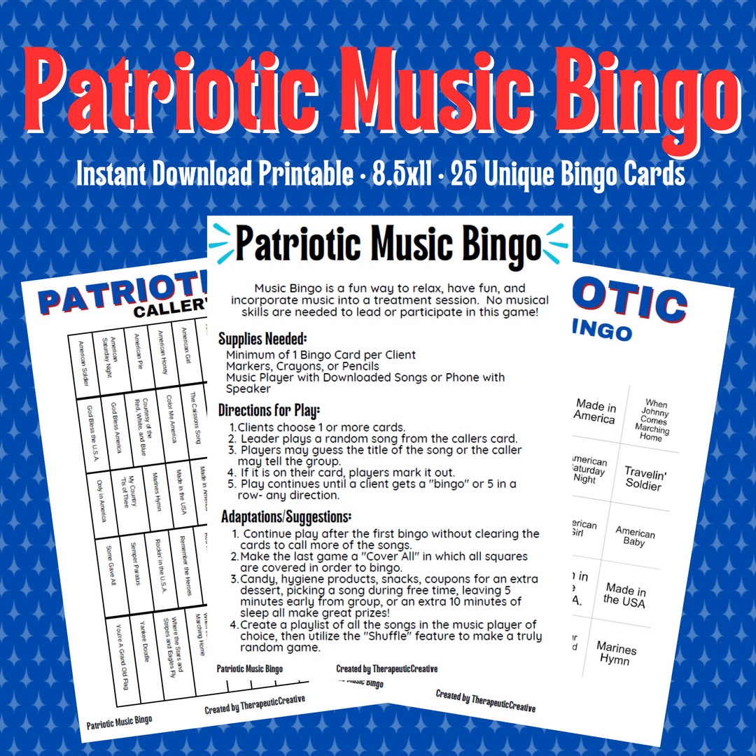 Patriotic Music Bingo Game Therapy Group Activity Family Reunion Large ...