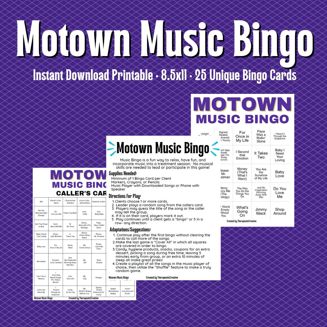 Motown Music Bingo Game Group Activity Family Reunion Therapy Class ...