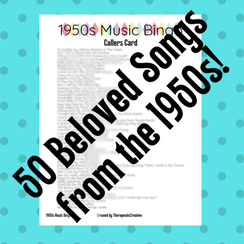 1950s Music Bingo Game Group Activity Family Reunion Therapy Class ...
