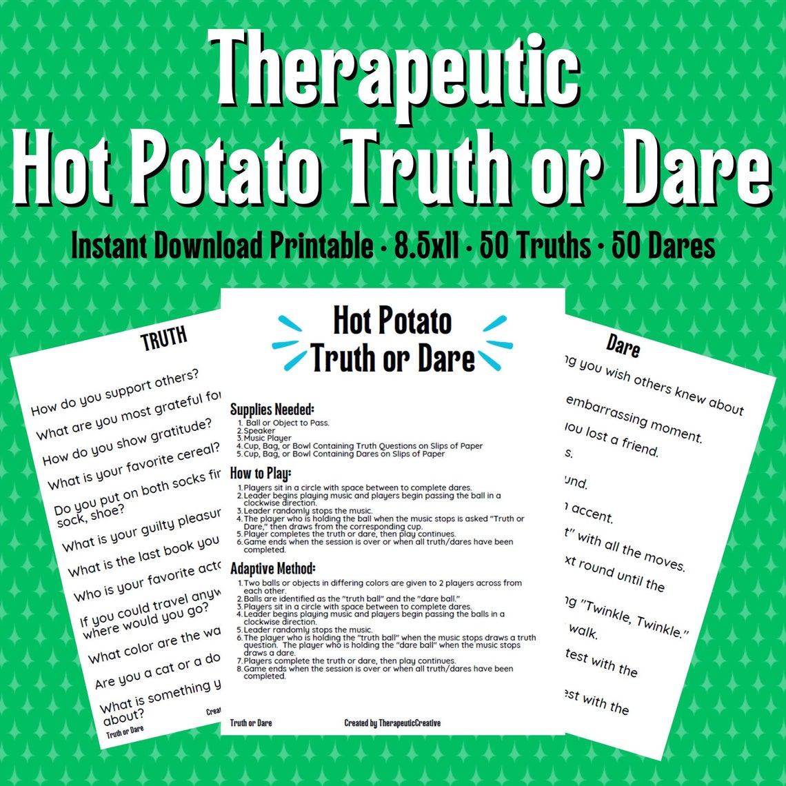 Hot Potato Truth or Dare Therapy Game Therapeutic Activity Life Group ...