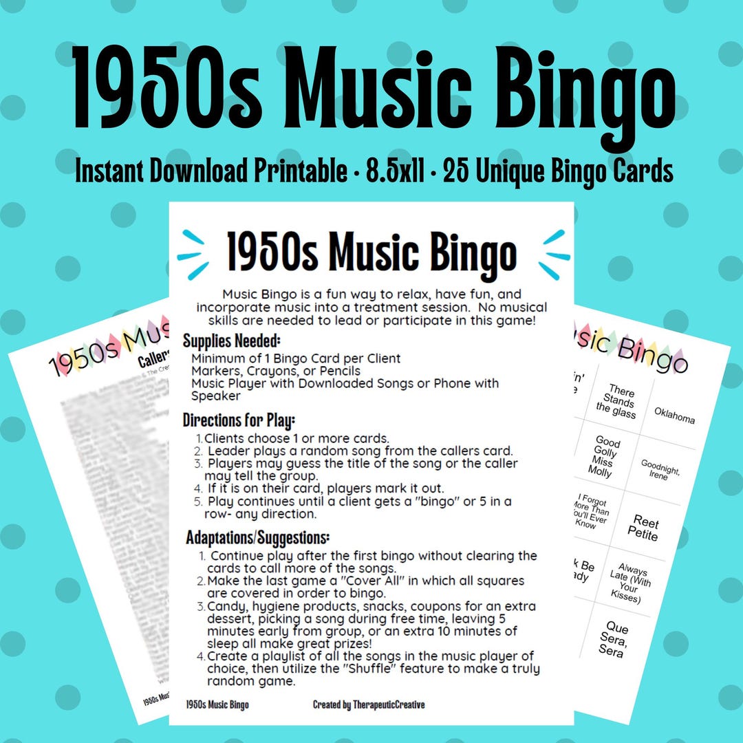 1950s Music Bingo Game Group Activity Family Reunion Therapy Class ...