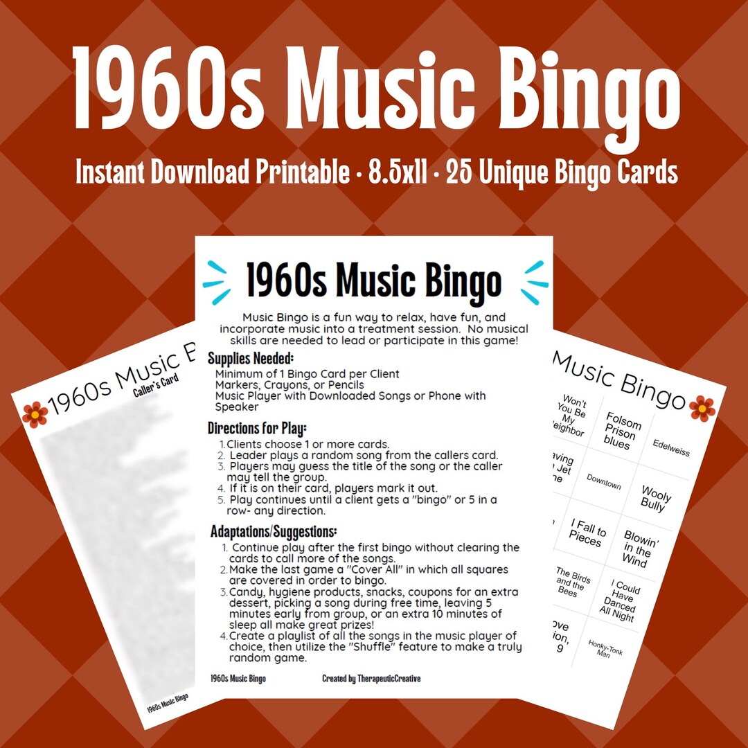 1960s Music Bingo Game Family Reunion Fun Classroom Printable ...