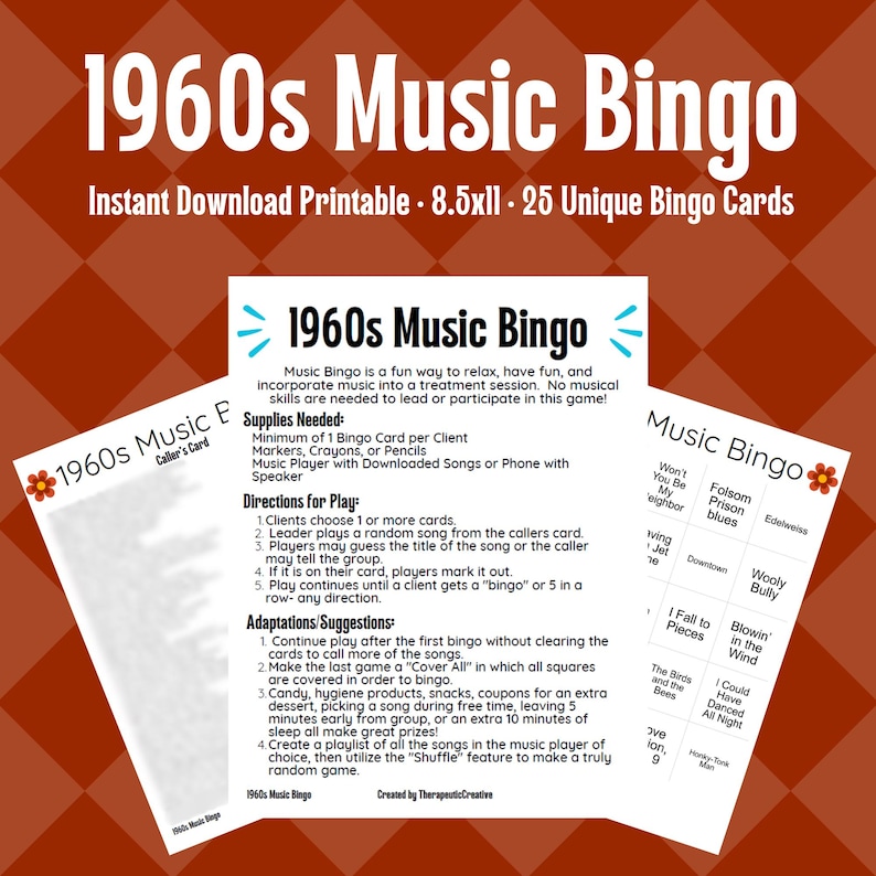 1960s Music Bingo Game Family Reunion Fun Classroom Printable ...
