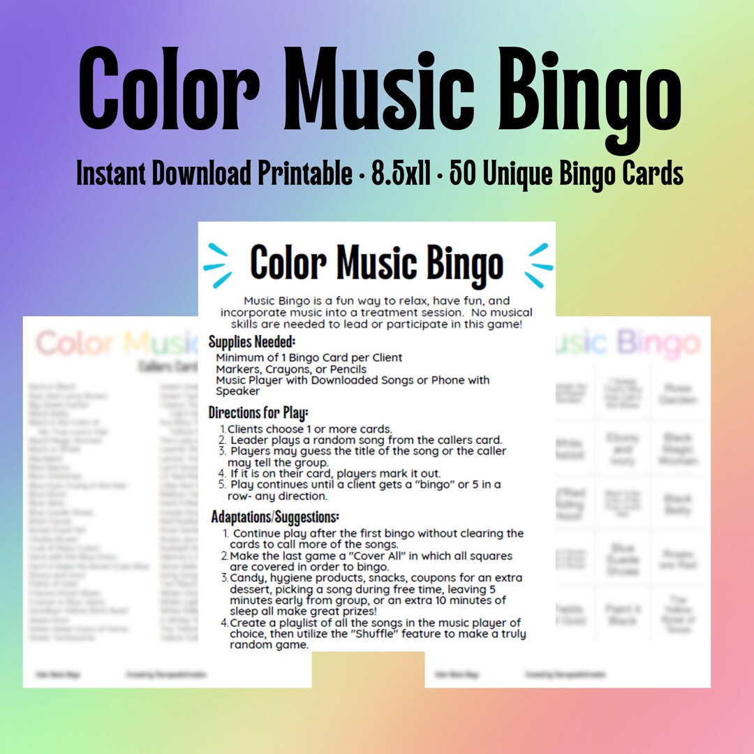 Color Music Bingo Rainbow Songs Therapeutic Activity Group Clinical ...