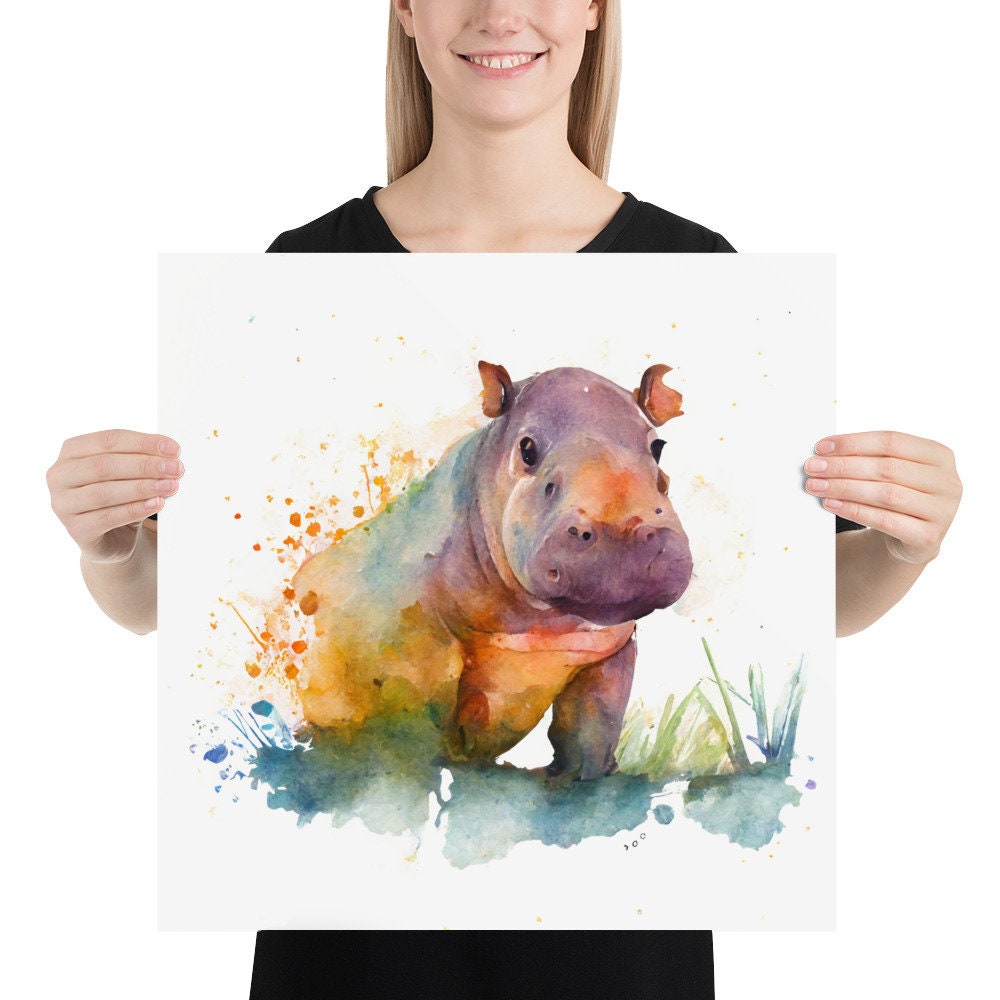 Hippo Watercolor Painting Art Animal Illustration Home - Etsy