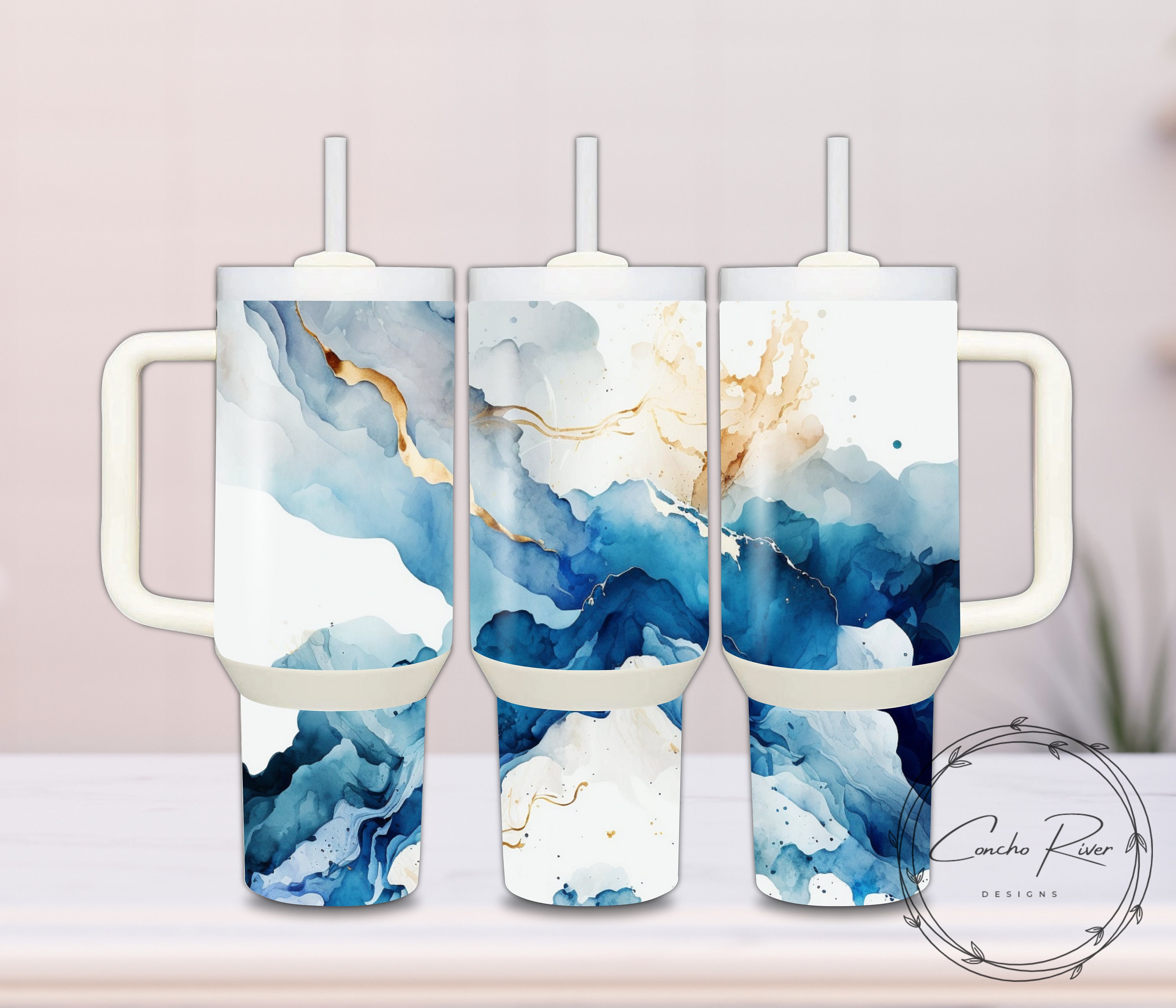 40 Oz Blue Marble Tumbler Wrap, Blue and Gold Marble Tumbler PNG ...