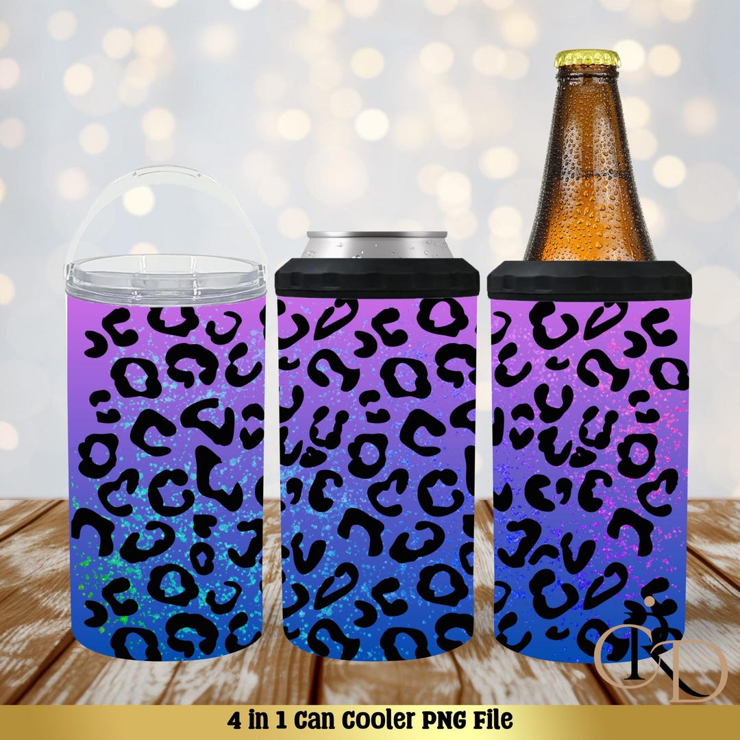4 in 1 Can Cooler Wrap, Leopard Print Can Cooler PNG, Purple Leopard ...