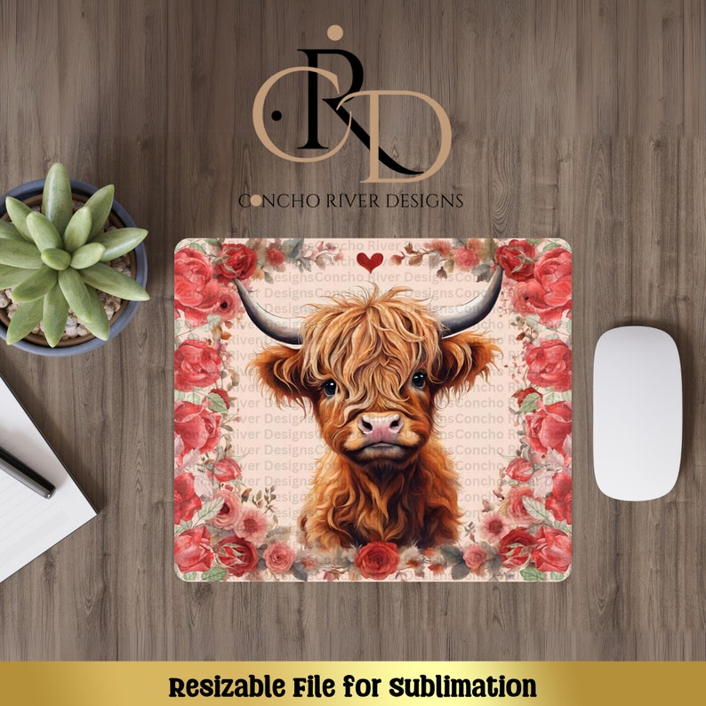 Highland Cow and Roses PNG File, Sublimation Design Mousepad, Instant ...