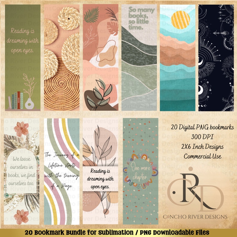 Boho Bookmark PNG, Printable 2x6 Inch Bookmarks for Sublimation ...