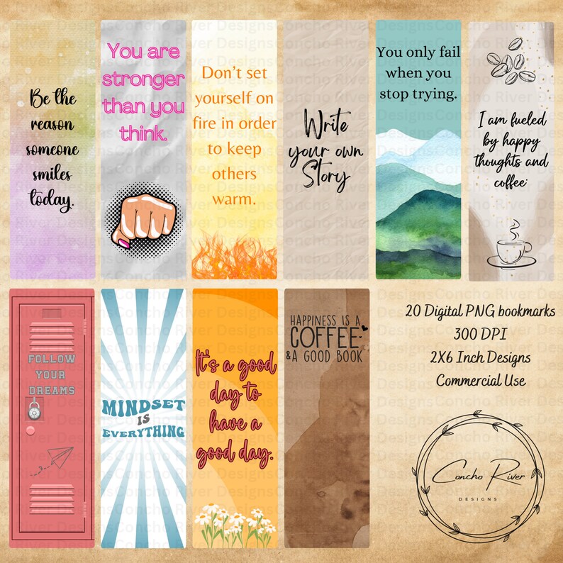 20 Inspirational PNG Printable, 2x6 Inch Bookmarks for Sublimation ...