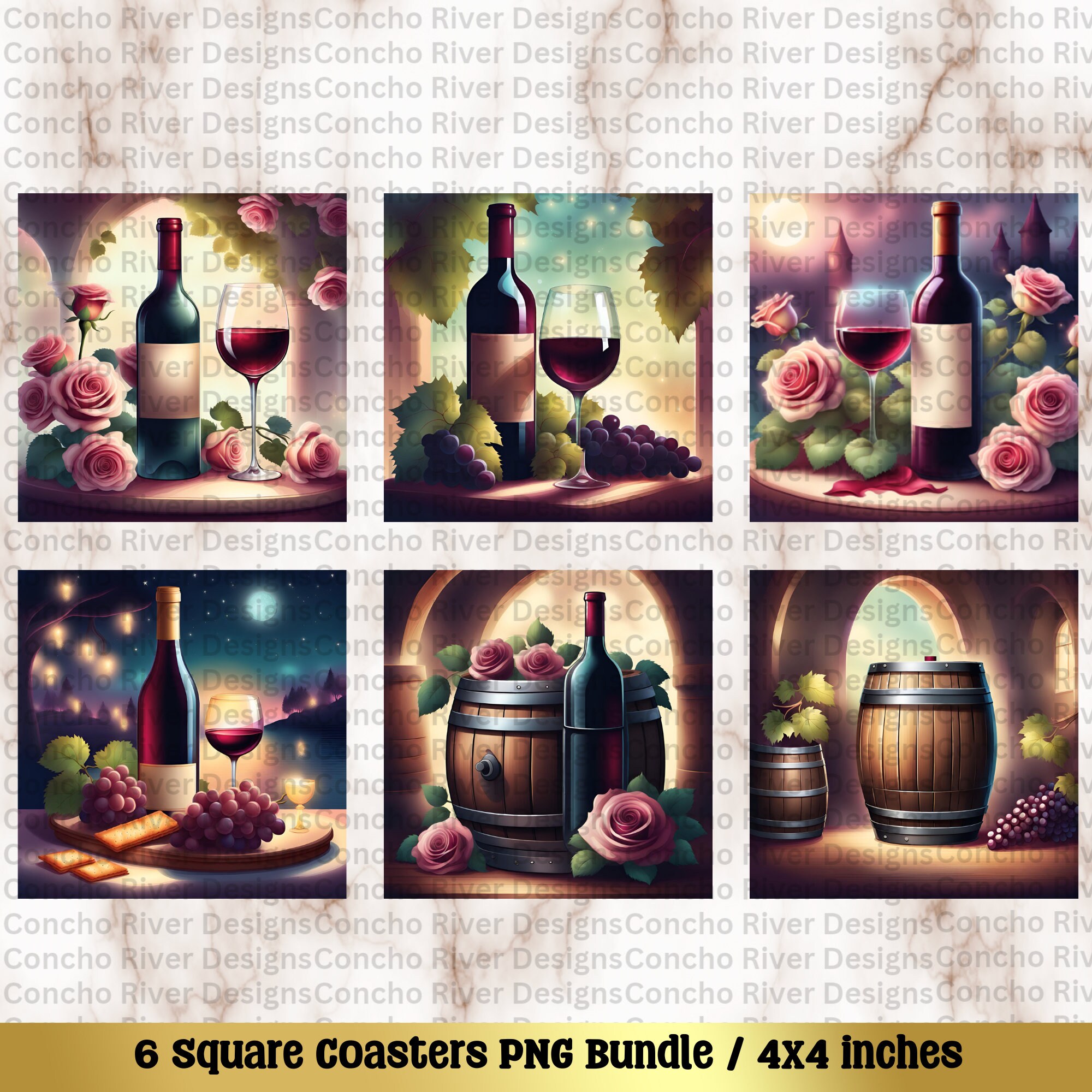 Wine Square Coaster PNG, Designs for Sublimation, 4x4 Coaster Png ...