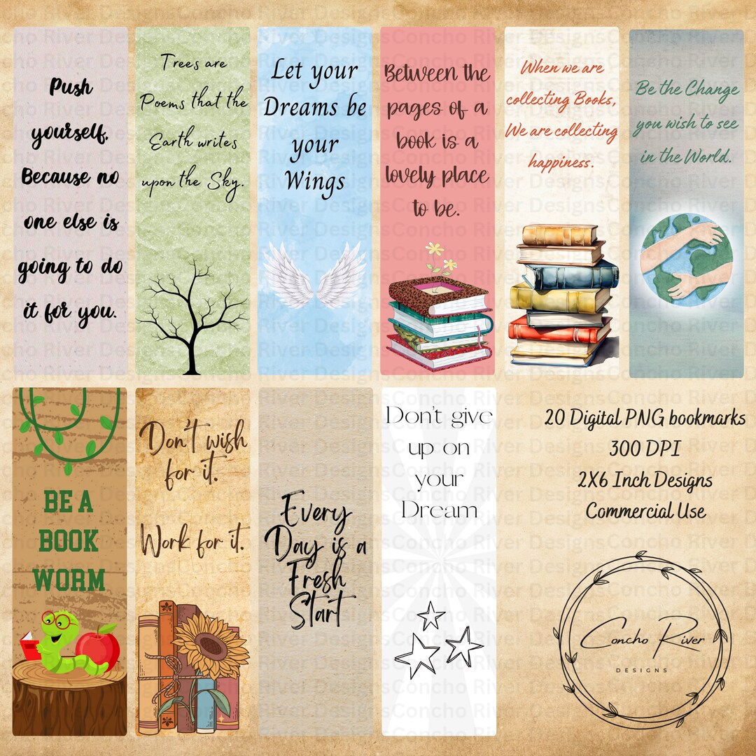 20 Inspirational PNG Printable, 2x6 Inch Bookmarks for Sublimation ...