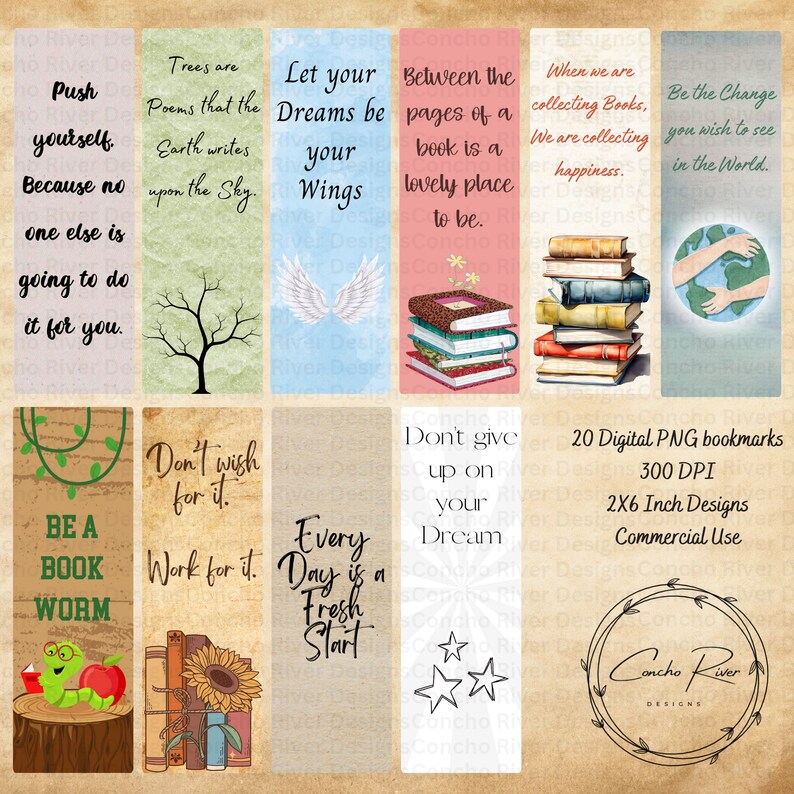 20 Inspirational PNG Printable, 2x6 Inch Bookmarks for Sublimation ...