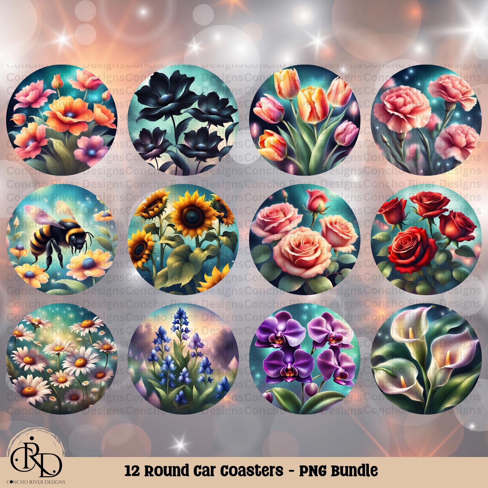 Flowers Car Coasters PNG, Round Car Coaster PNG, Designs for ...
