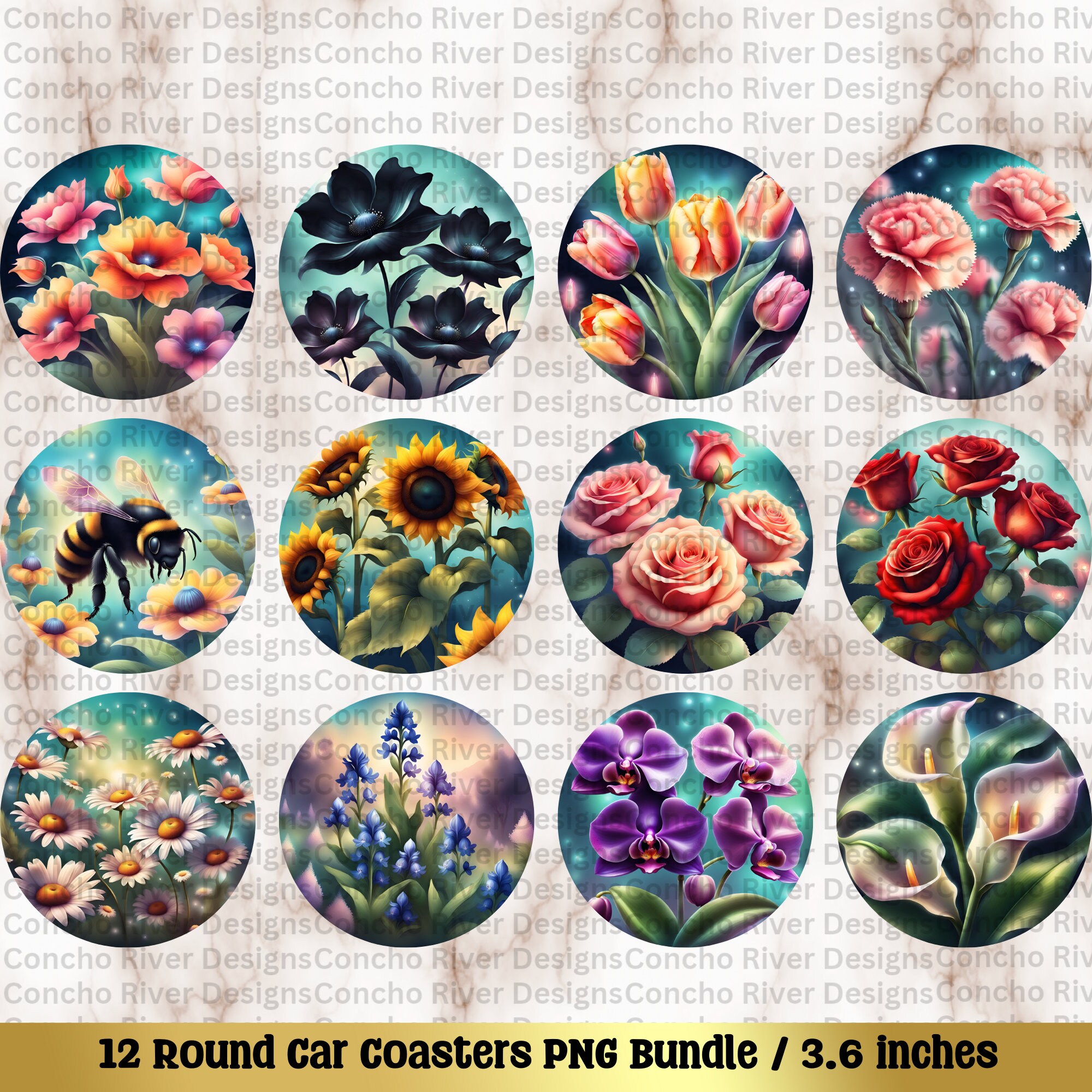Flowers Car Coasters PNG, Round Car Coaster PNG, Designs for ...
