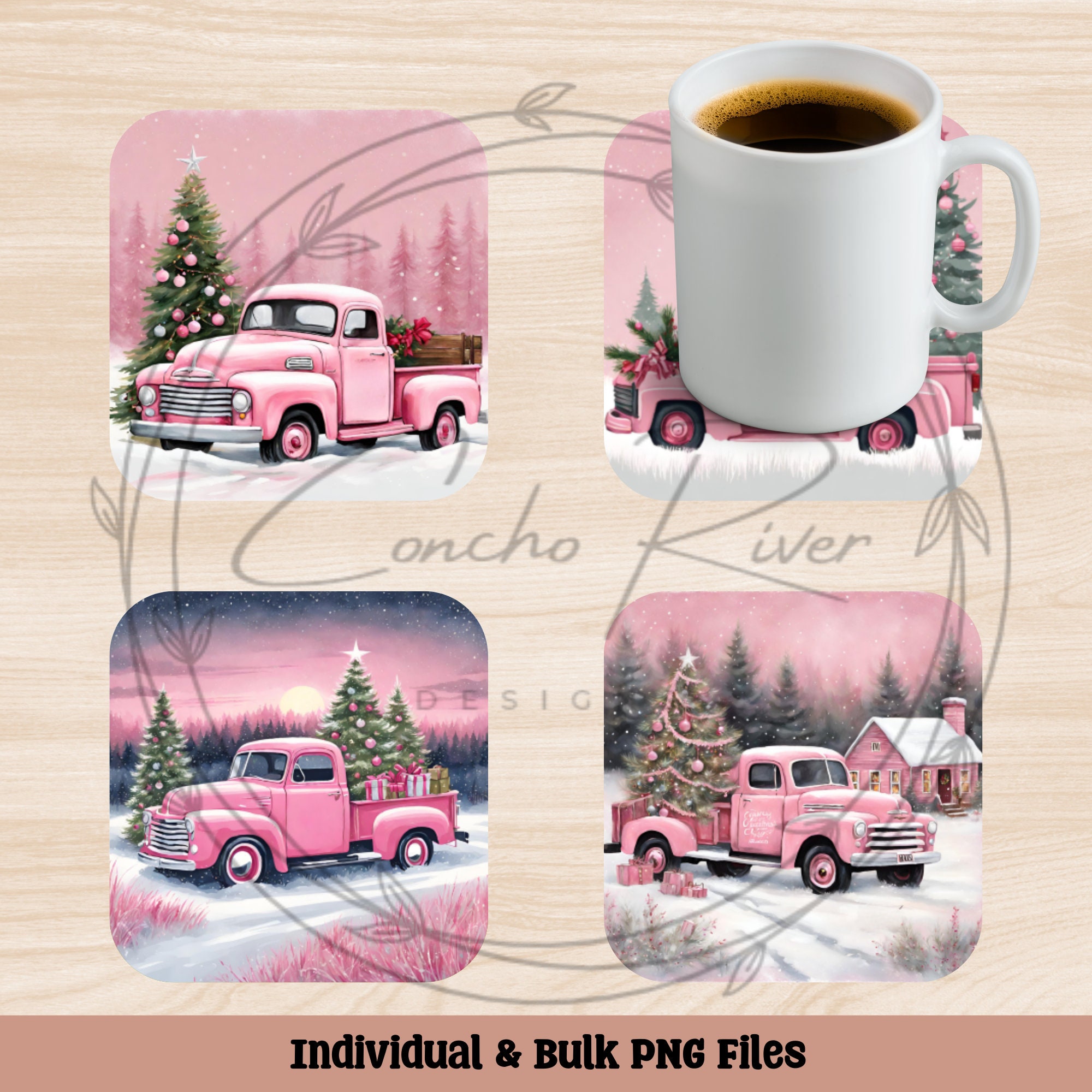 Pink Country Christmas Coasters PNG, Pink Truck Square Coasters ...