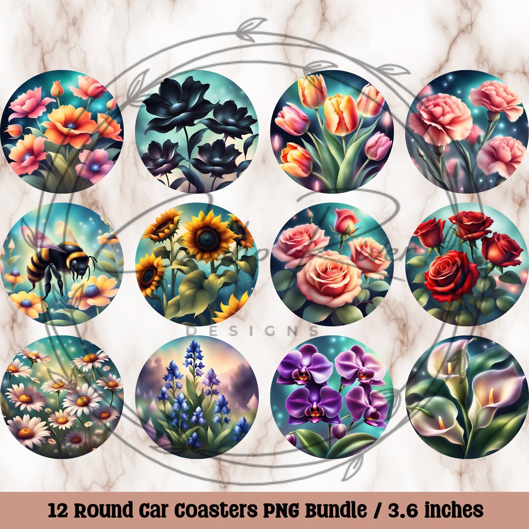 Flowers Car Coasters PNG, Round Car Coaster PNG, Designs for ...
