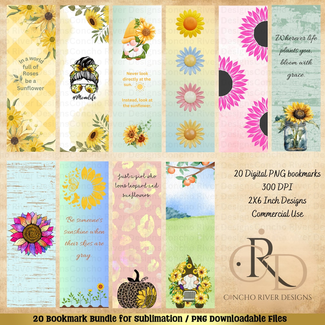 Sunflower Bookmark PNG, Printable Bookmarks, 2x6 Inch Bookmarks for ...