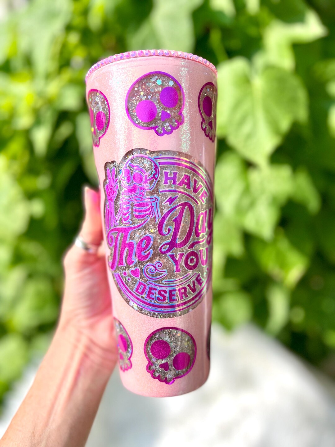 Have the Day You Deserve Pink Peek-a-boo Peace Sign Skeleton Snow Globe ...