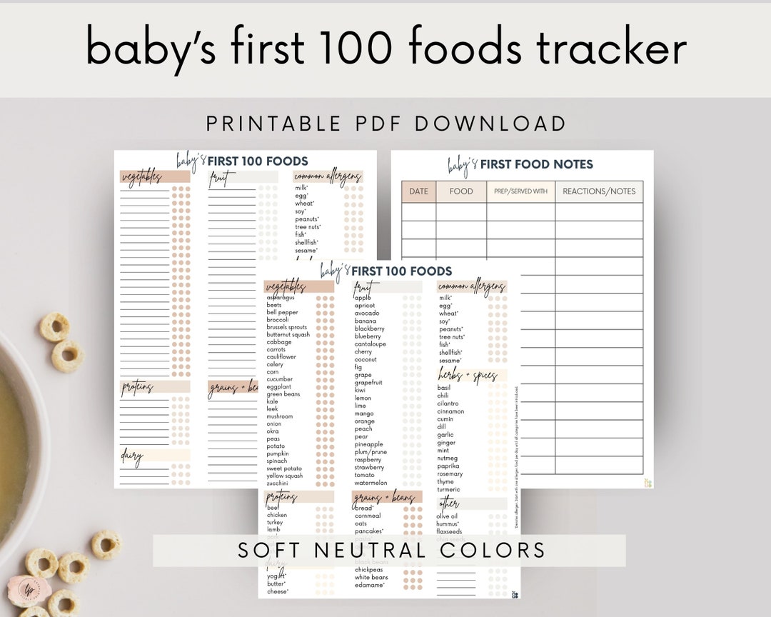 Baby's First 100 Foods | Neutral Colors Printable Baby Food Tracker ...