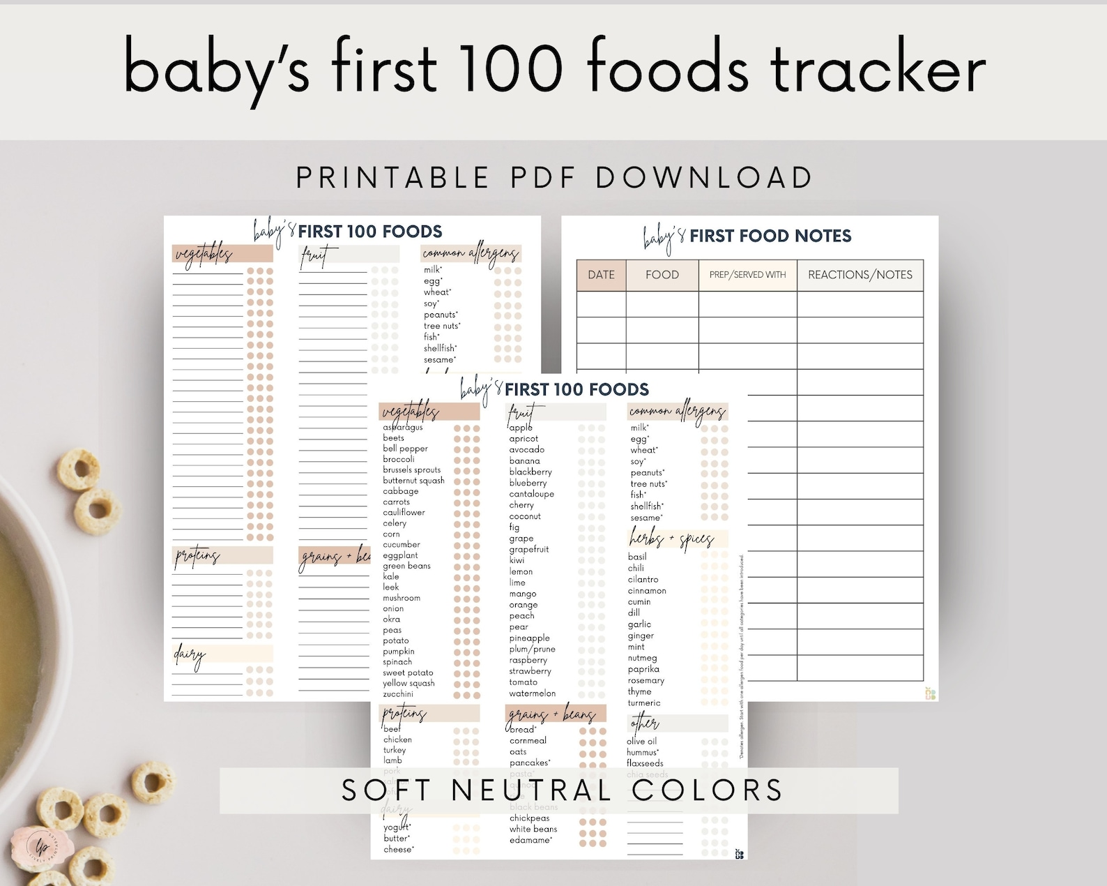 Baby's First 100 Foods | Neutral Colors Printable Baby Food Tracker ...