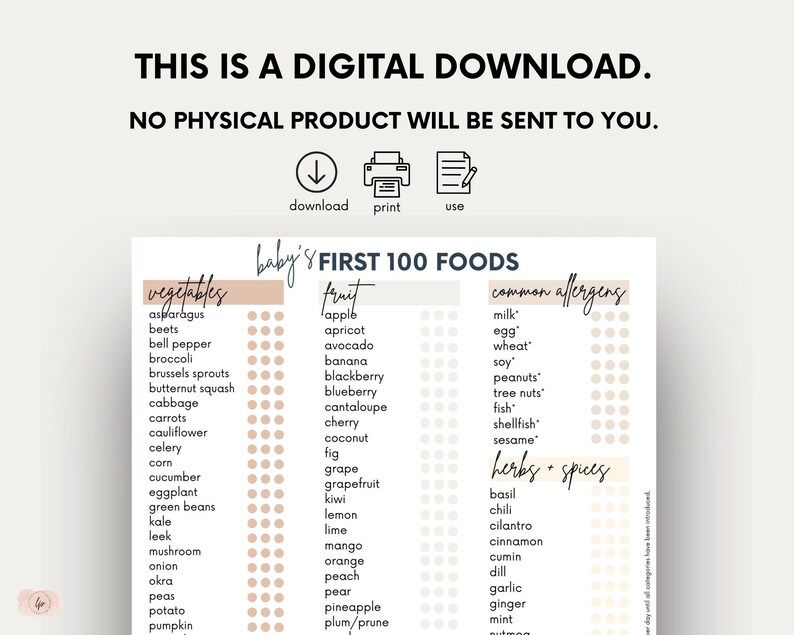 Baby's First 100 Foods | Neutral Colors Printable Baby Food Tracker ...