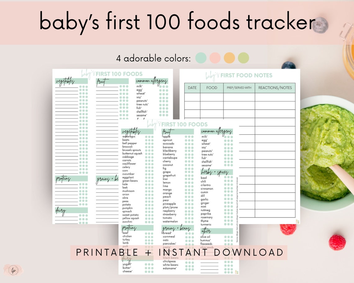 Baby's First 100 Foods | Printable Baby Food Tracker | Starting Solids ...