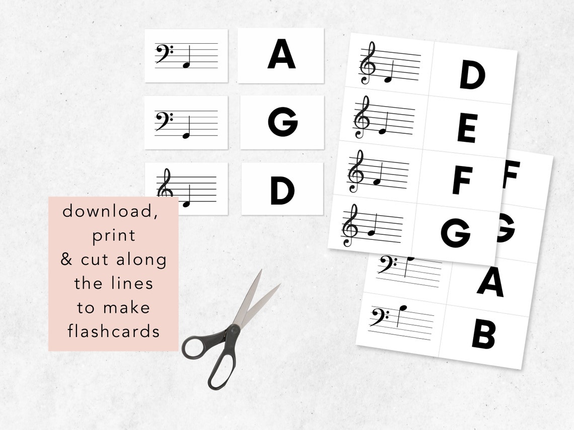 Printable Music Note Flash Cards, Music Memory Game, Treble and Bass ...