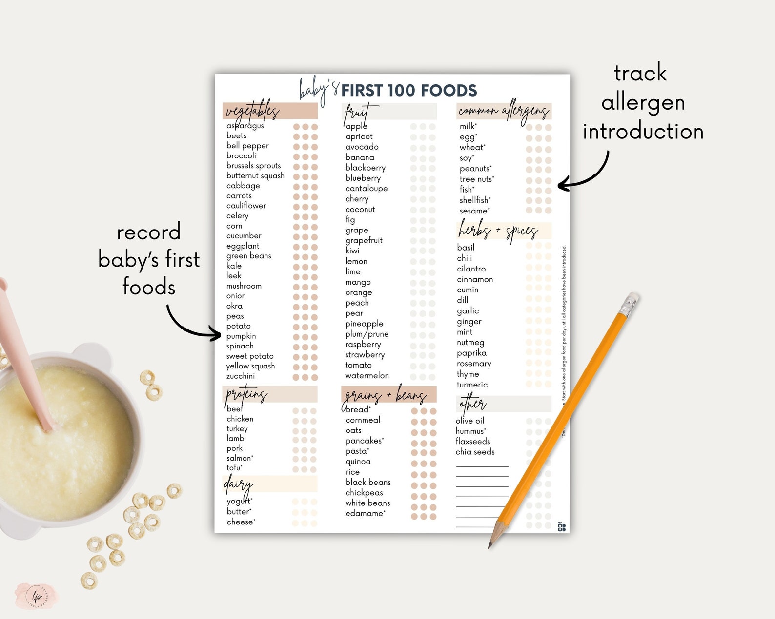 Baby's First 100 Foods | Neutral Colors Printable Baby Food Tracker ...