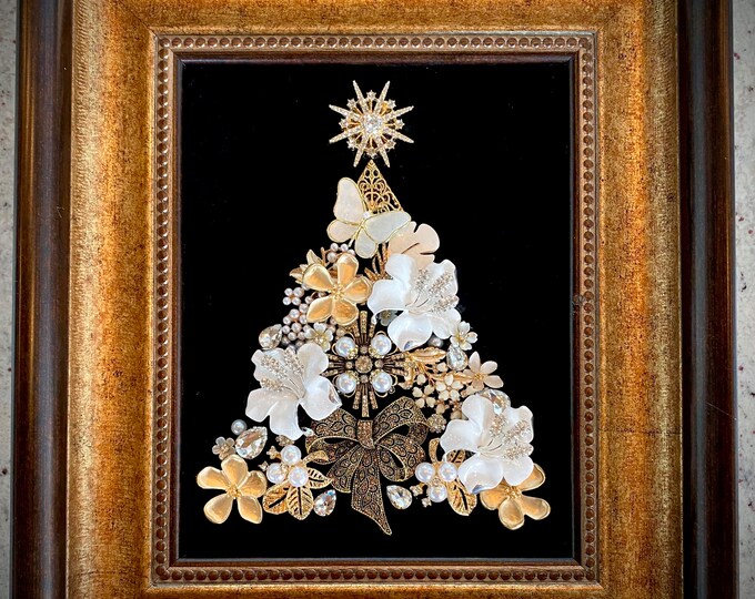 Stunning Ivory and Gold Vintage Jewelry Art Christmas Tree Framed 8”x10 ...