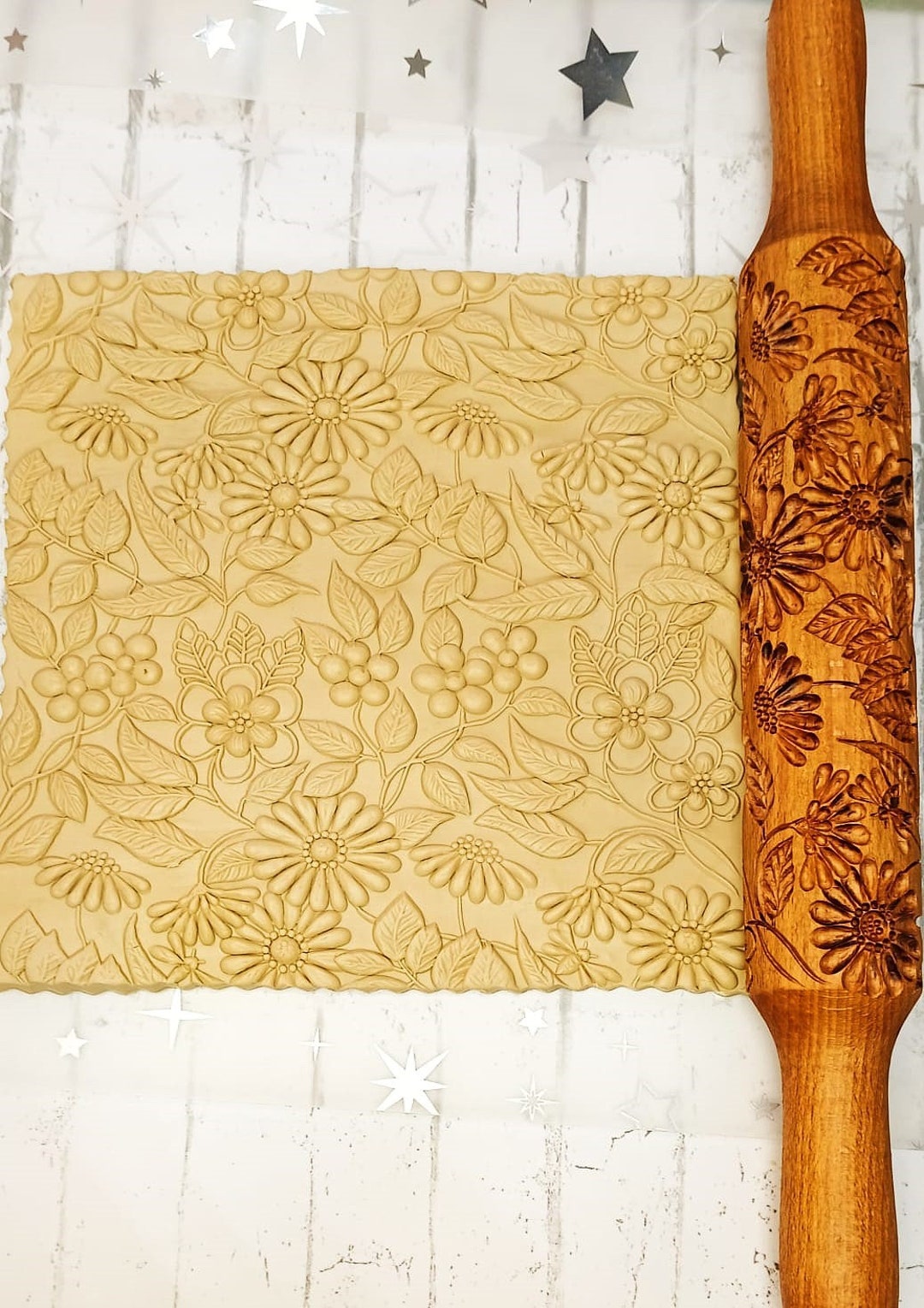 Rolling Pin Carved With a Pattern Rolling Pin Flowers,large Rolling Pin ...