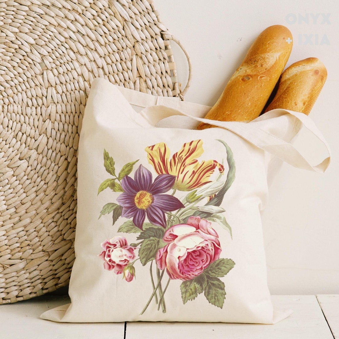 Vintage Floral Tote Bag Spring Flowers Canvas Bag Colorful Floral ...