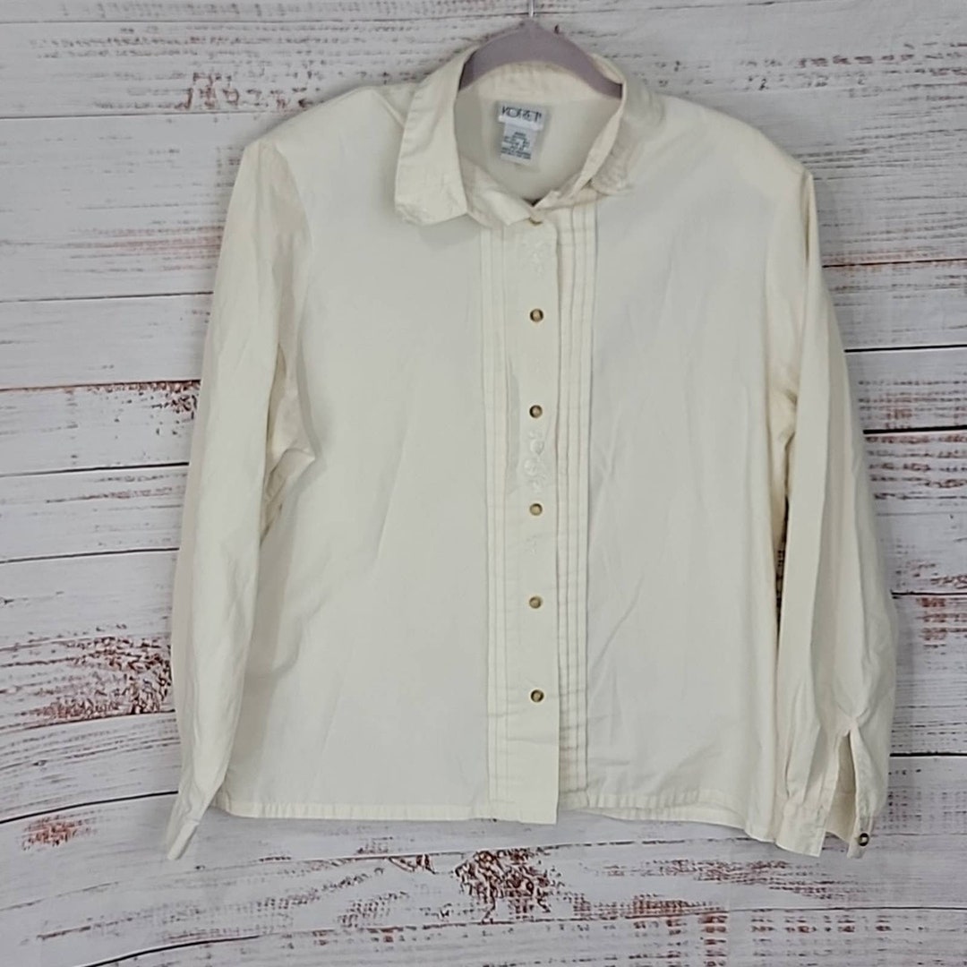 Koret Vintage Cream Embroidered Pleated Button Down Women's Blouse Size ...