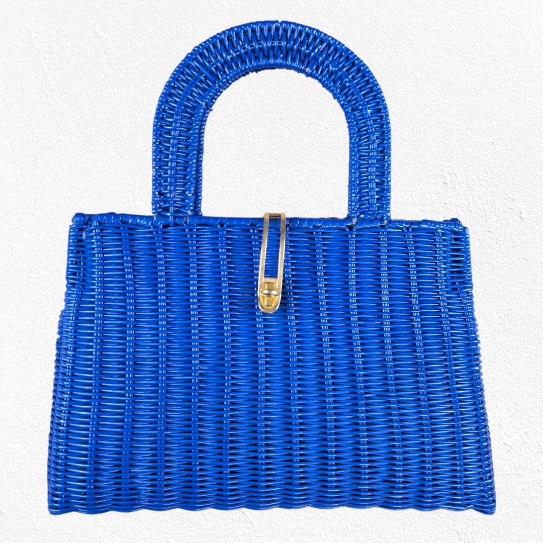 1960s Vintage Blue Wicker Box Purse Structured Mod Handbag Summer Tiki ...
