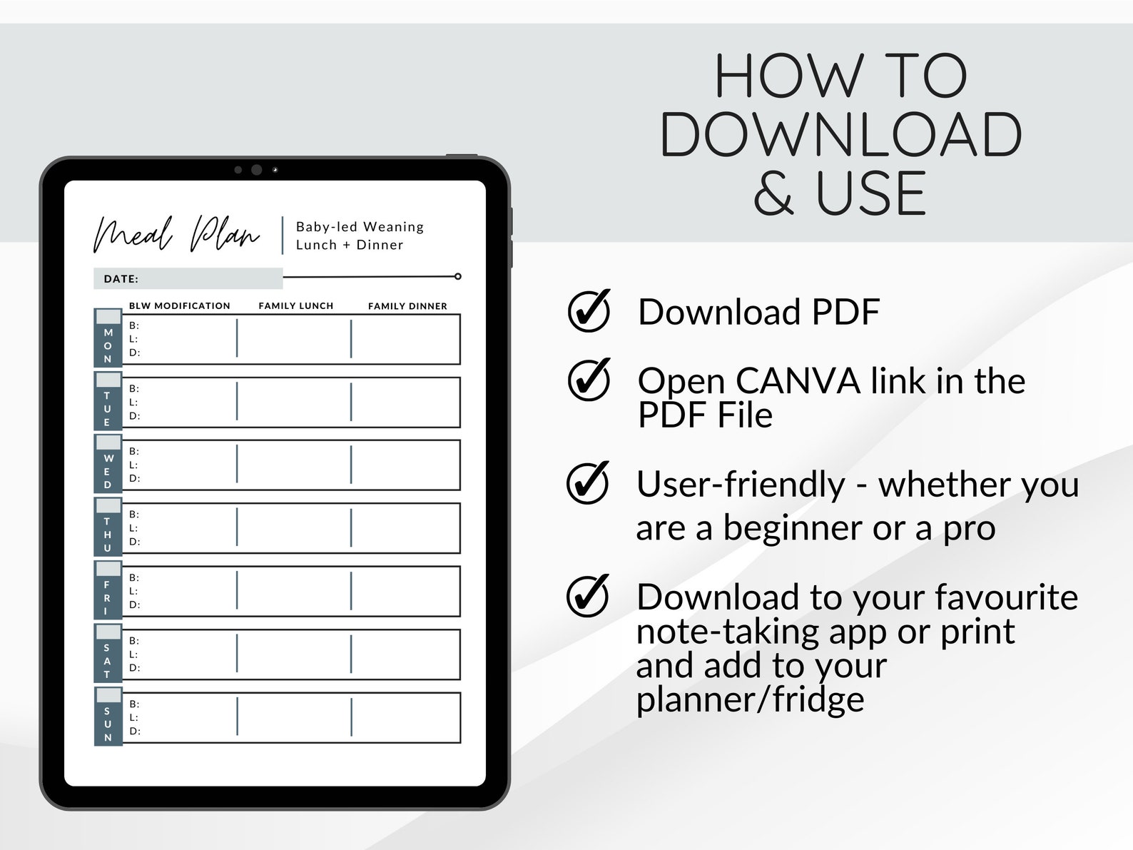 Baby-led Weaning Meal Planner, Printable Meal Plan Template, Daily Meal ...